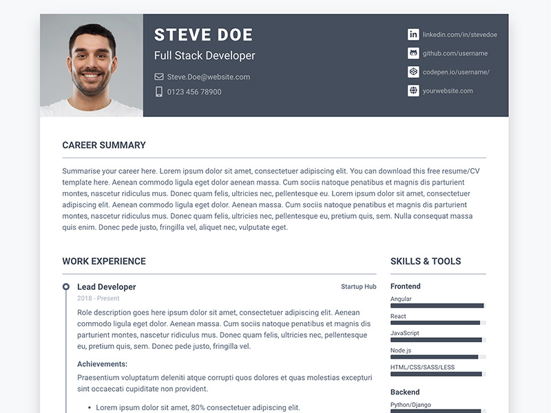 Pillar Free Bootstrap 4 Resume CV Template For Developers UX 